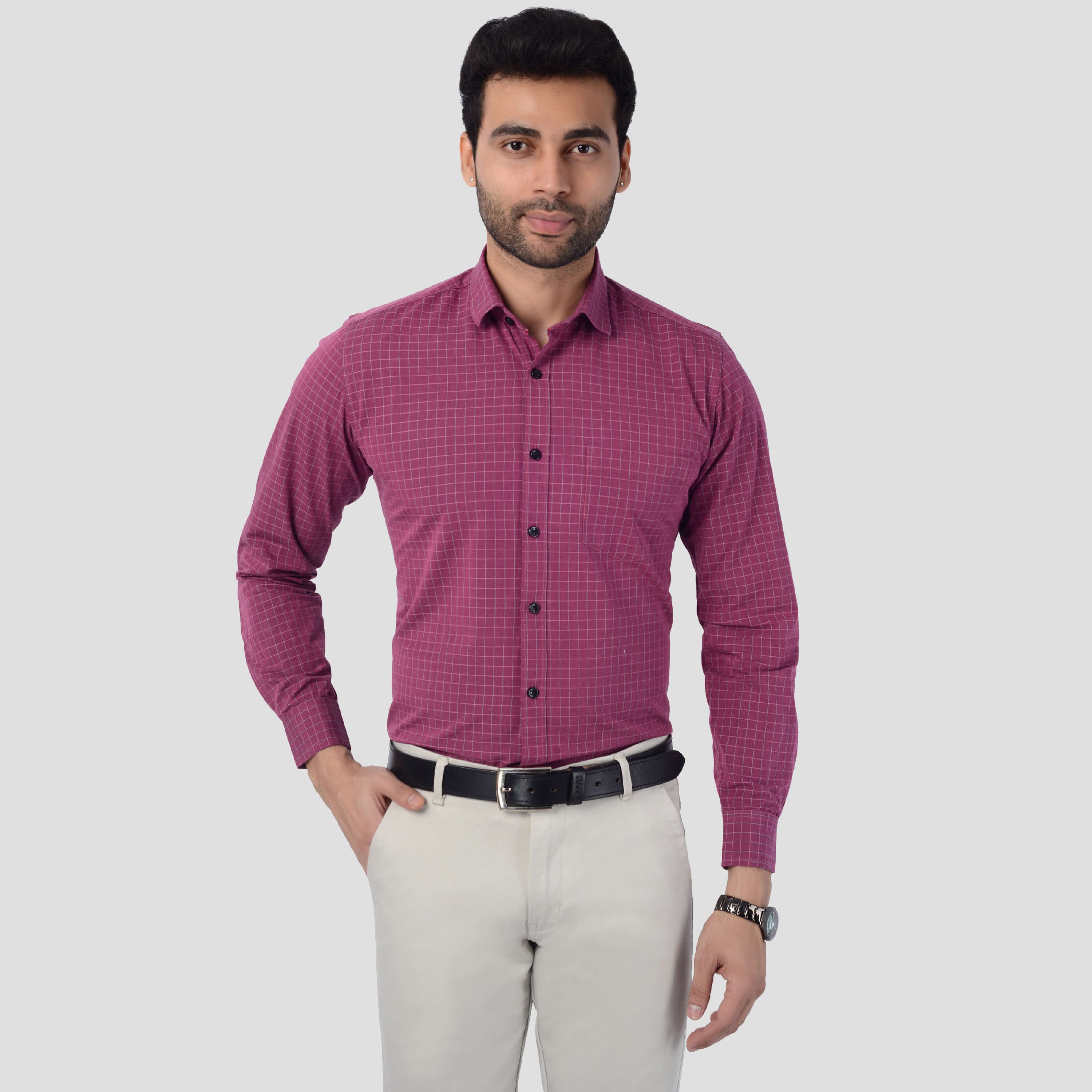 5thanfold Men's Formal Pure Cotton Full Sleeve Checkered Maroon Slim F ...